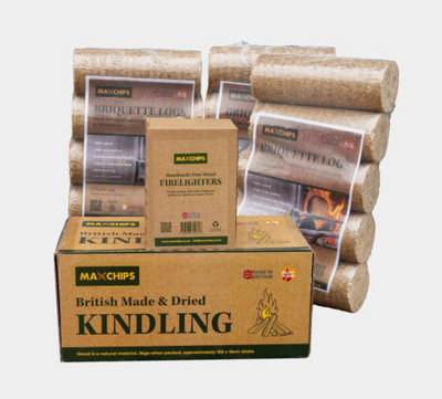 3 Packs of Maxchips Briquette Logs, 1 Box of Kiln Dried Kindling and 1 ...