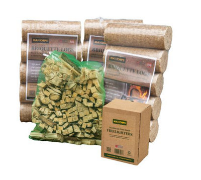 3 Packs of Maxchips Briquette Logs, 1 Net of Kiln Dried Kindling and 1 ...