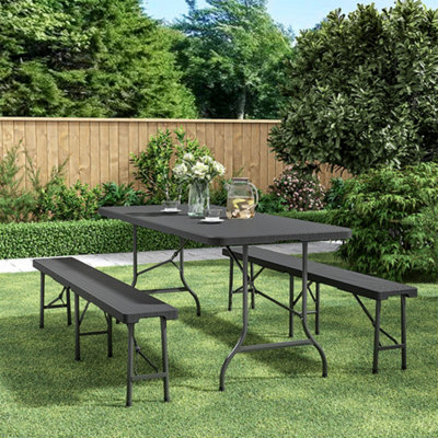 3 Piece Black Rattan Effect Plastic Garden Dining Set Outdoor Folding ...