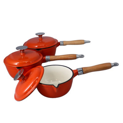 3 Piece Cast Iron Saucepan Set Orange | DIY at B&Q