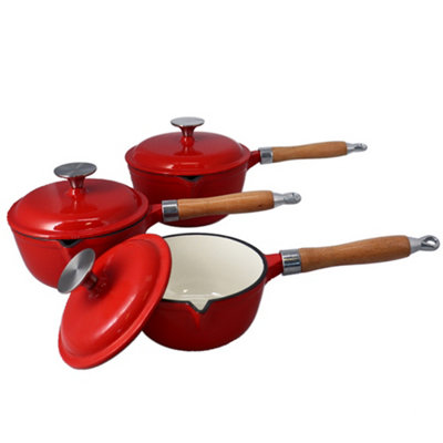 3 Piece Cast Iron Saucepan Set Red | DIY at B&Q