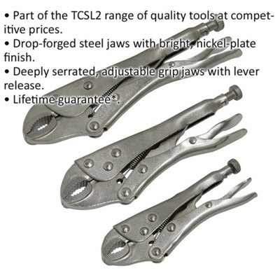 3 Piece Curved Locking Pliers Set - 125mm 175mm & 215mm - Drop Forged ...
