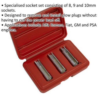 3 Piece Glow Plug Socket Set - 8mm 9mm & 10mm Sockets - Remove & Install Plugs