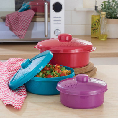 3 Piece Microwave Casserole Pots with Vented Lids, Nesting Cookware Set ...