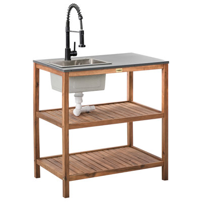 3 Piece Outdoor Kitchen Set with Sink BRUCOLI Acacia Wood Brown/ Black