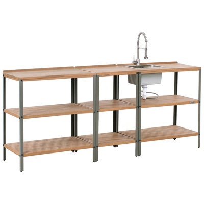 3 Piece Outdoor Kitchen Set with Sink IVREA Brown/ Silver Certified ...