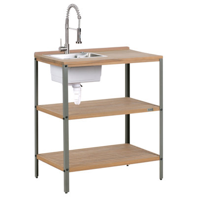 3 Piece Outdoor Kitchen Set with Sink IVREA Brown/ Silver Certified ...