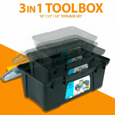 3 Piece Plastic Tool Box Set with Handle Tray and Compartments DIY ...