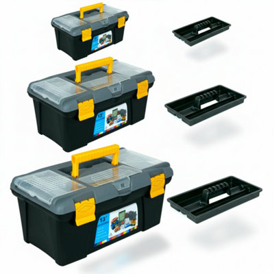 3 Piece Plastic Tool Box Set with Handle Tray and Compartments DIY ...
