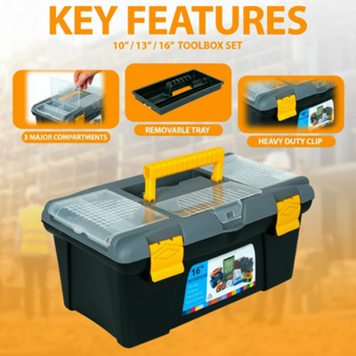 3 Piece Plastic Tool Box Set with Handle Tray and Compartments DIY ...