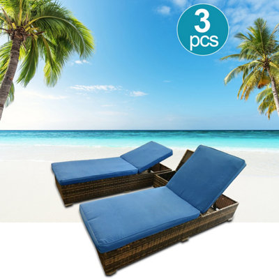 3 Pieces Rattan Sun Lounger Set, 2 Rattan Lounger with Cushion ...