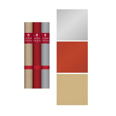 3 ROLLS COLOURED KRAFT WRAPPING PAPER CHRISTMAS GIFT WRAP SILVER RED ...