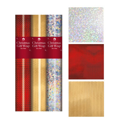 3 Rolls Holographic Wrapping Paper Christmas Gift Wrap Silver Red Gold ...