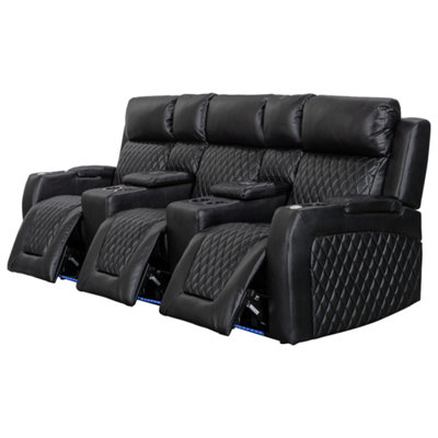 3 Seater Electric Recliner Sofa With Power Massage Console in Black Leather Aire Venice Series
