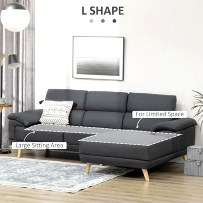 3 Seater L Shaped Sofa Settee Corner Sofas w Adjustable Headrest Dark Grey