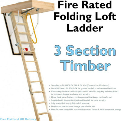 3 Section FIRE RATED Folding Loft Ladder & Handle Hatch & Frame 2.75m ...