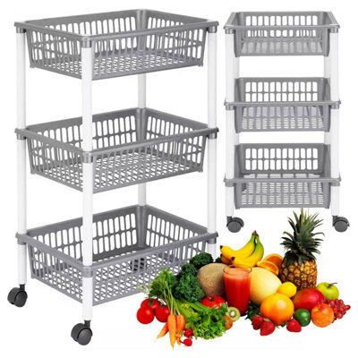 3 Sets 3 Tier Grey Vegetable Trolley Basket On Wheels Ideal For Kitchens