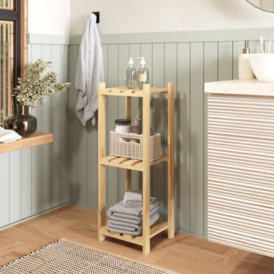 3 Shelf Narrow Slatted Storage Unit, Solid Pine Wood, Natural Sanded