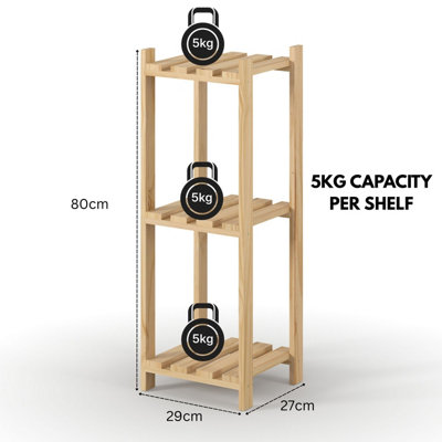 3 Shelf Narrow Slatted Storage Unit, Solid Pine Wood, Natural Sanded