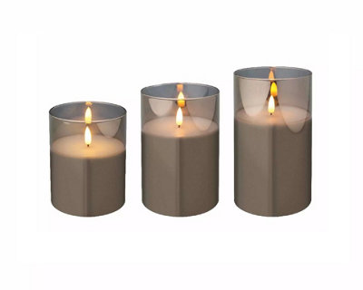 3 Smoky Glass LED Candles With Timer Warm White Candle Lights Realistic ...