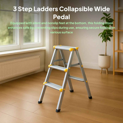 3 Step Folding Aluminum Ladder Non Slip Wide Steps for Home Use