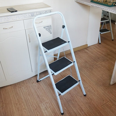3 Step Ladder Folding Stool Non Slip Tread Heavy Duty Steel Foldable ...