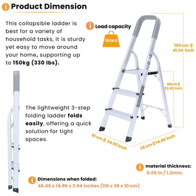 3 Step Ladder, Portable Folding Aluminium Step Ladders 88cm High ...