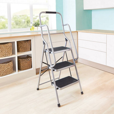3-Step Safety Step Ladder, Silver Ladder with Steel Frame, Handrails ...