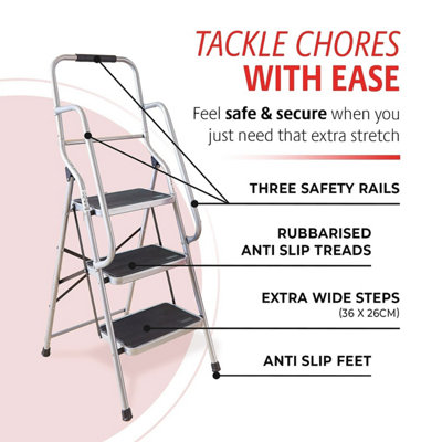 3-STEP SAFETY STEP LADDER, SILVER LADDER WITH STEEL FRAME, HANDRAILS ...