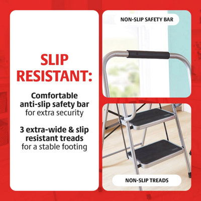 3-Step Safety Step Ladder, Silver Ladder with Steel Frame, Handrails ...
