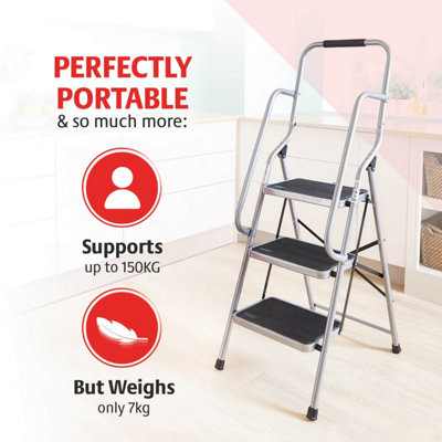 3-STEP SAFETY STEP LADDER, SILVER LADDER WITH STEEL FRAME, HANDRAILS ...