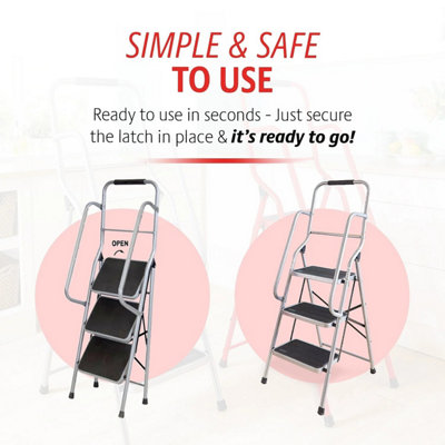 3-STEP SAFETY STEP LADDER, SILVER LADDER WITH STEEL FRAME, HANDRAILS ...