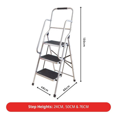 3-Step Safety Step Ladder, Silver Ladder with Steel Frame, Handrails ...