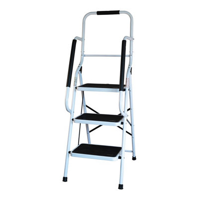3 Step Safety Stepladder - White Foldable Ladder with Wide Non-Slip ...