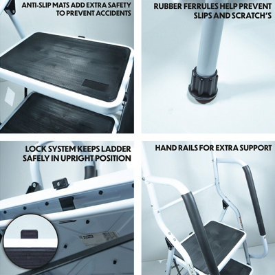 3 Step Safety Stepladder - White Foldable Ladder with Wide Non-Slip ...