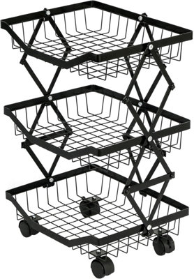 3 Tier Black Metal Rolling Storage Trolley Foldable, Stackable ...