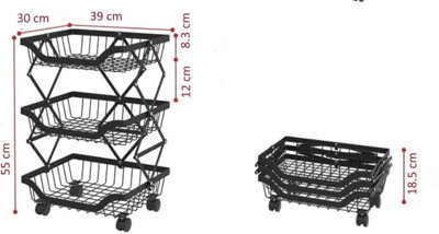 3 Tier Black Metal Rolling Storage Trolley Foldable, Stackable ...
