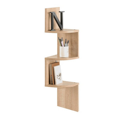 3 Tier Brown Zigzag Design Wooden Floating Wall Corner Shelf Bookcase 810 mm H