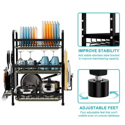 3 Tier Dish Drainer Rack, Stainless Steel Black Dish Drying Rack