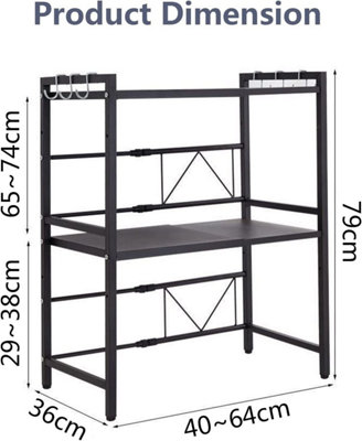 3-Tier Expandable Kitchen Microwave Oven Rack with 6 Hooks Height & Width Adjustable