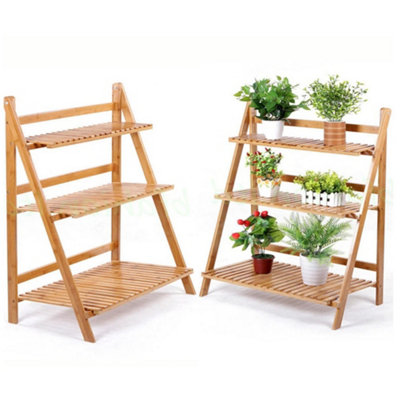3-Tier Foldable Wooden Ladder Shelf Natural