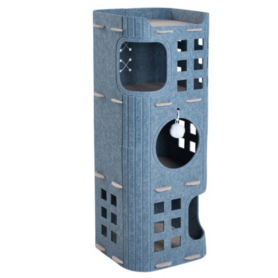 3-Tier Grey Cat House with Hanging Fluffy Ball, 37cm W x 37cm D x 90cm H