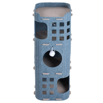3-Tier Grey Cat House with Hanging Fluffy Ball, 37cm W x 37cm D x 90cm H