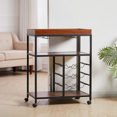 3 Tier Kitchen Storage Trolley Cart with Wine Rack and Wine Glass Rack