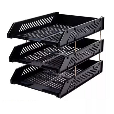 3 Tier Stackable Desk Black A4 Letter Tray Filing Document Organiser ...