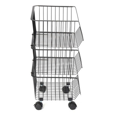 3 Tier Stackable Rolling Metal Wire Basket Trolley Rack Fruit Vegetable ...