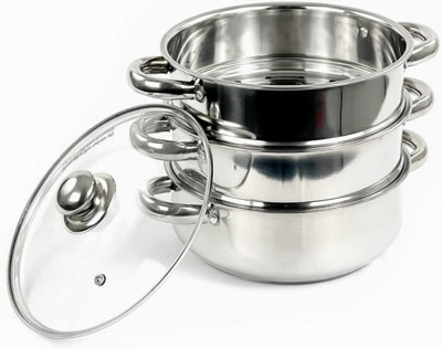 3 Tier Stainless Steel 22cm Steamer Pot Pan Cooker Set Glass Lid Cook ...