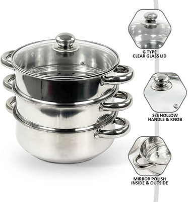 3 Tier Stainless Steel 22cm Steamer Pot Pan Cooker Set Glass Lid Cook ...