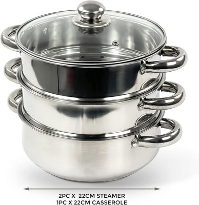 3 Tier Stainless Steel 22cm Steamer Pot Pan Cooker Set Glass Lid Cook ...