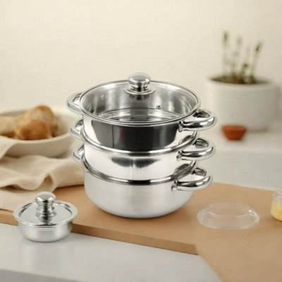 3 Tier Stainless Steel 22cm Steamer Pot Pan Cooker Set Glass Lid Cook ...